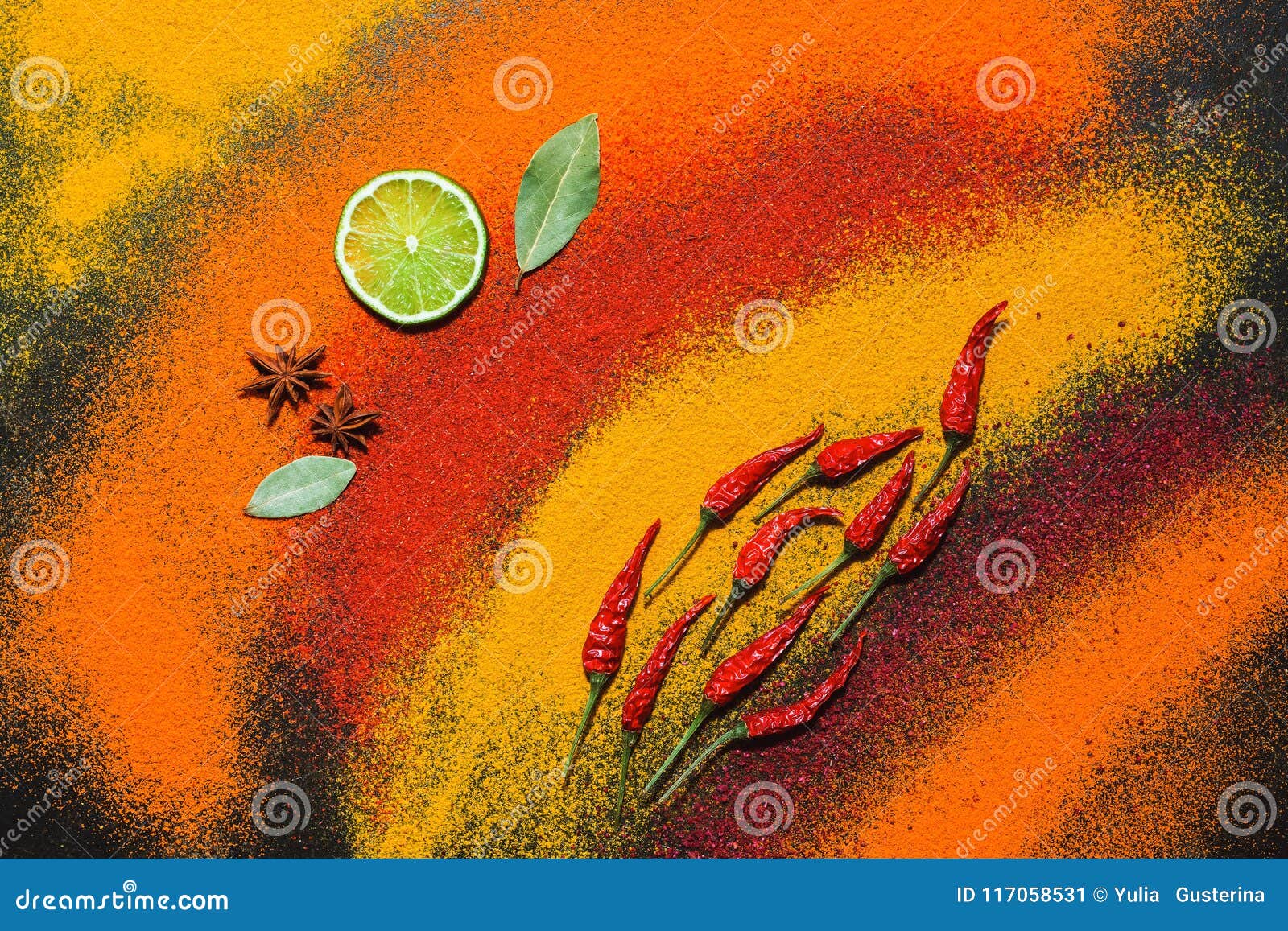 Background of Bright Various Spices. Fire from Chili Peppers Stock ...