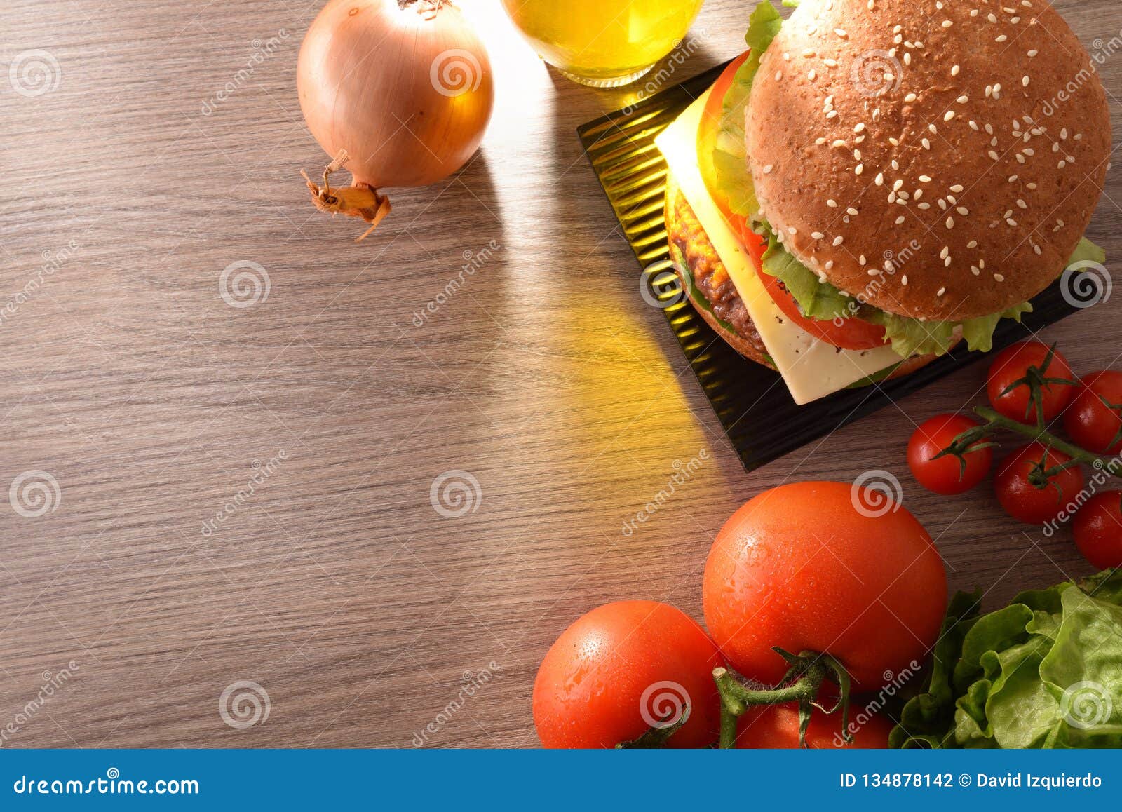Background with Burger on Wooden Table with Vegetables Top View Stock ...