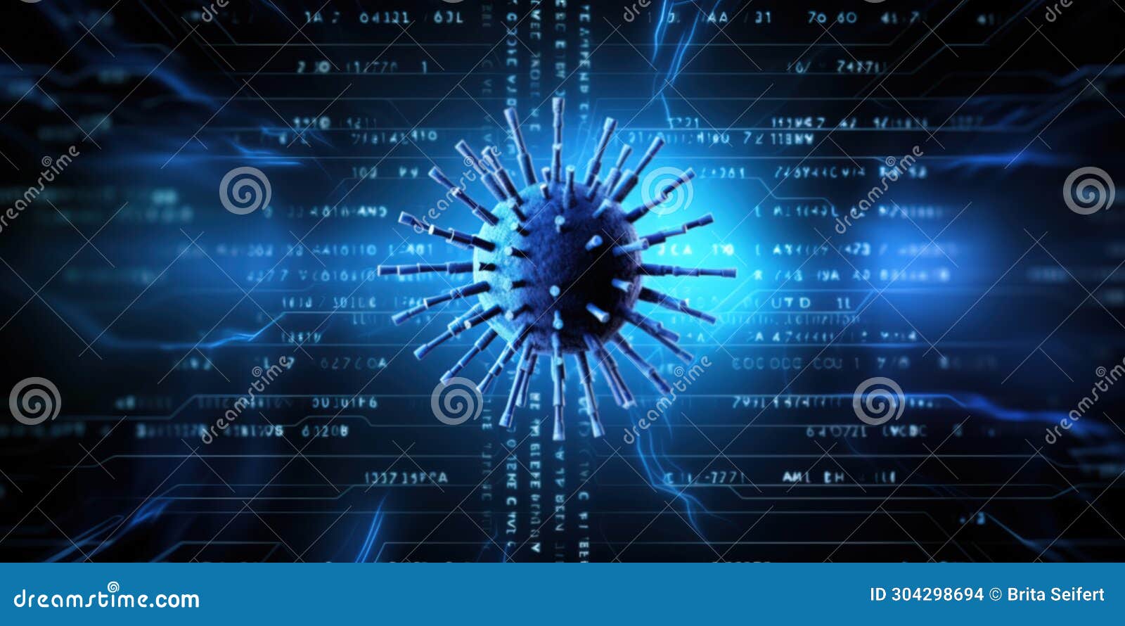 Background with a Code on a Blue Background and a Virus Warning. System ...