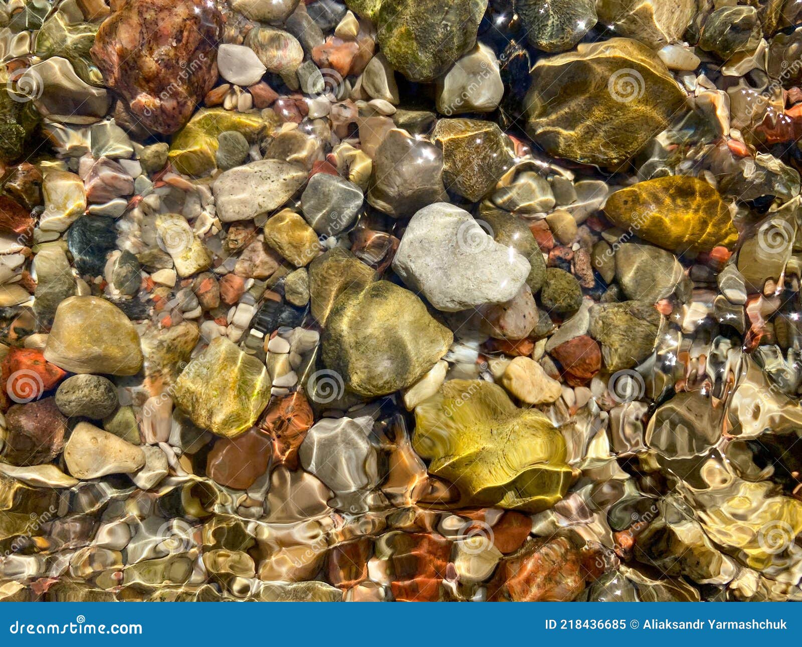Background of Colored River Stones or Pebbles Under Water. Top View ...