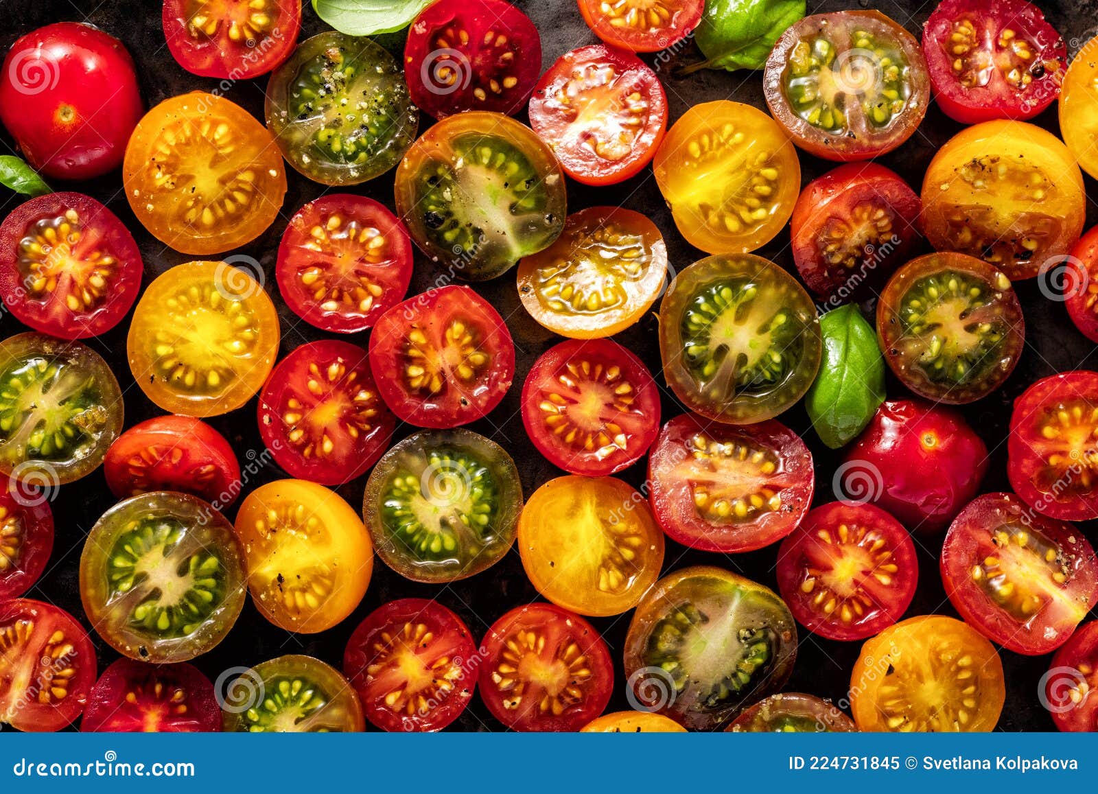 Background of Colorful Cherry Tomatoes. Cutted and Spiced Tomatoes ...