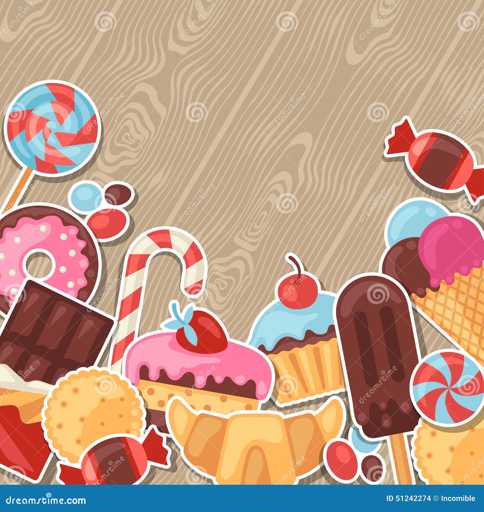 Background with Colorful Sticker Candy, Sweets and Stock Vector ...
