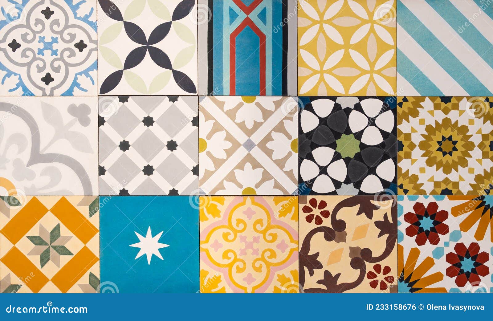 The Background Consists of Several Types of Old Colored Tiles with ...