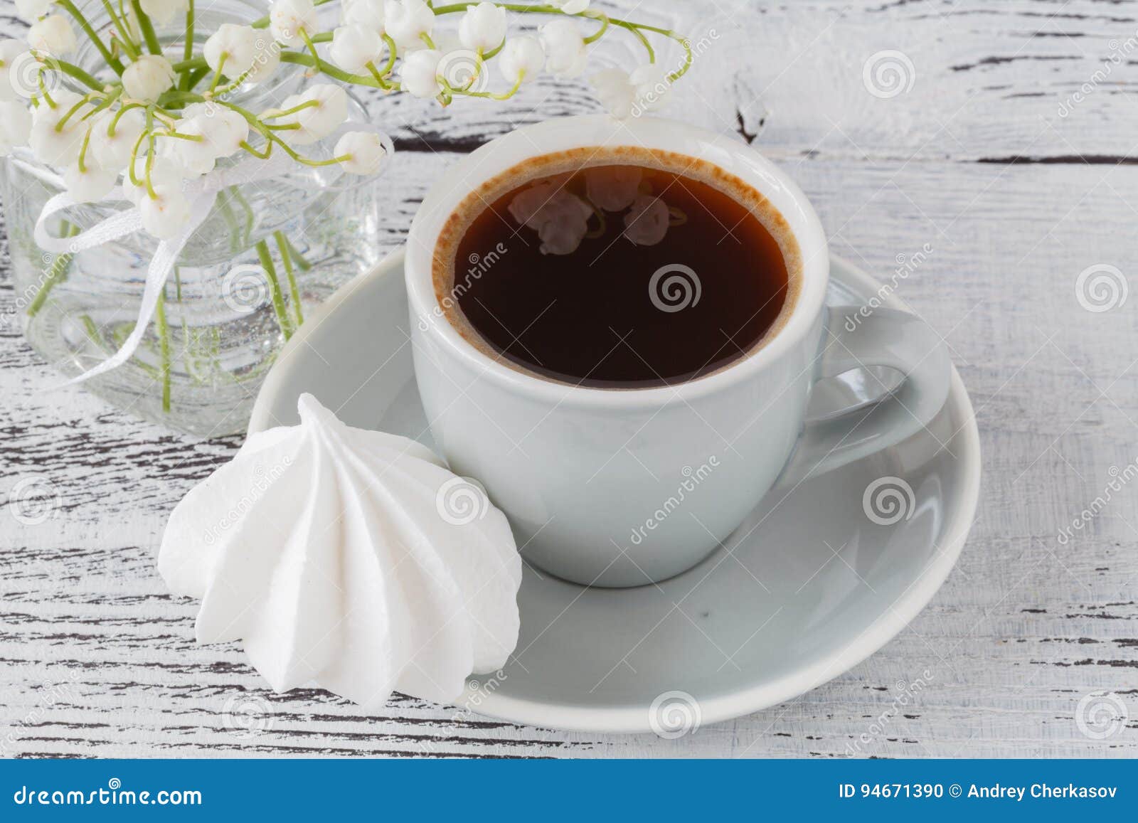 Background Cup of Espresso Coffee Spring Lily of the Valley Bouquet ...