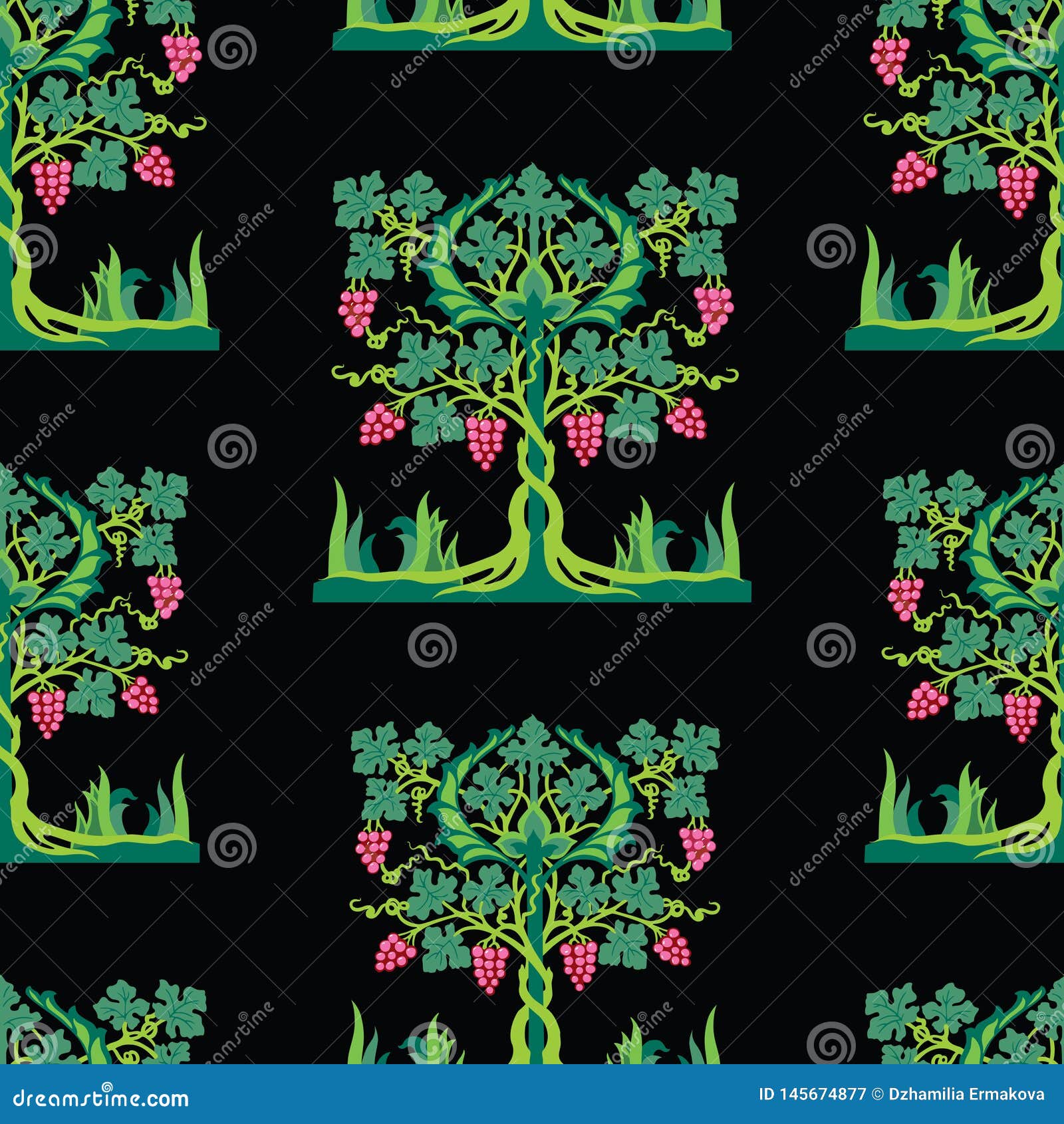 Background of Decorative Vine Tree with Ripe Grape Stock Vector ...