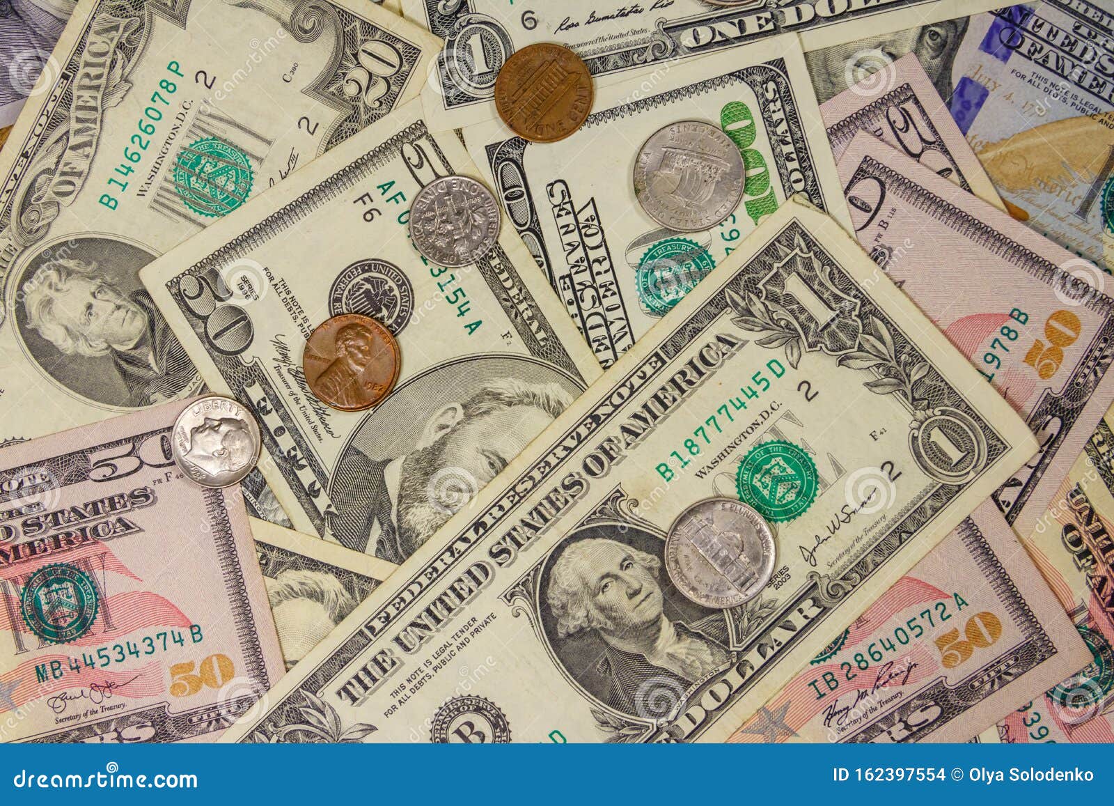 Background of Different American Dollars Bills and Coins Stock Photo ...