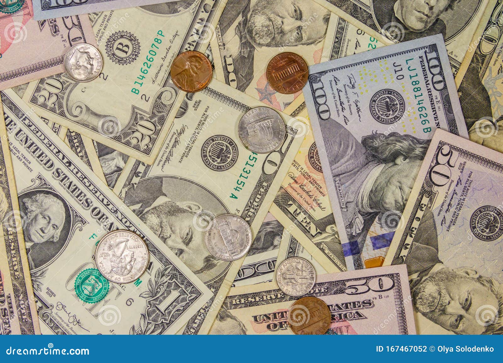 Background of Different American Dollars Bills and Coins Stock Photo ...