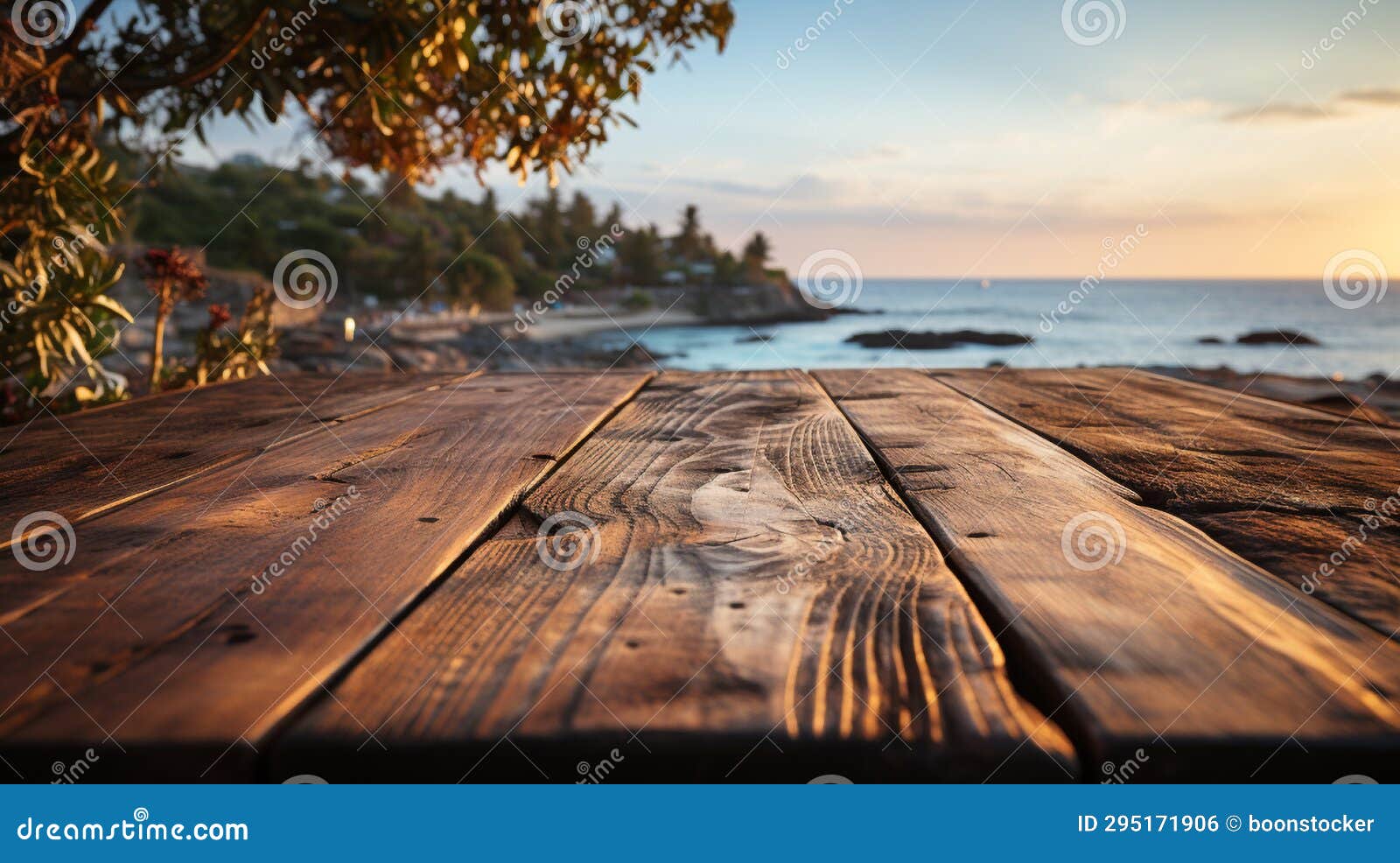 Background of an Empty Wood Table Top with a Blurred Beach. AI ...
