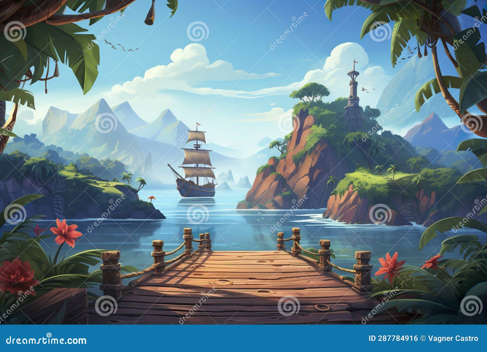 Background Environment of 2D Abstract Tropical Pirate Ship Deck for ...