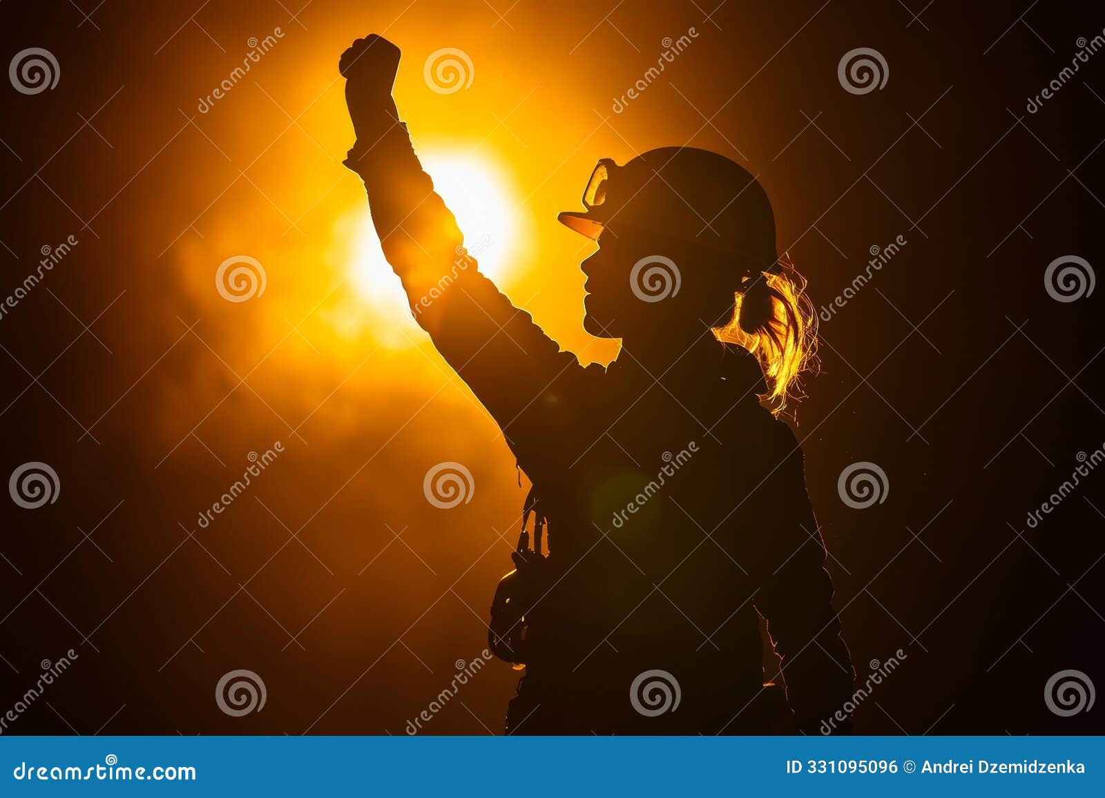 Background of a Female Miner Worker Raising Her Hand in the Dark Stock ...