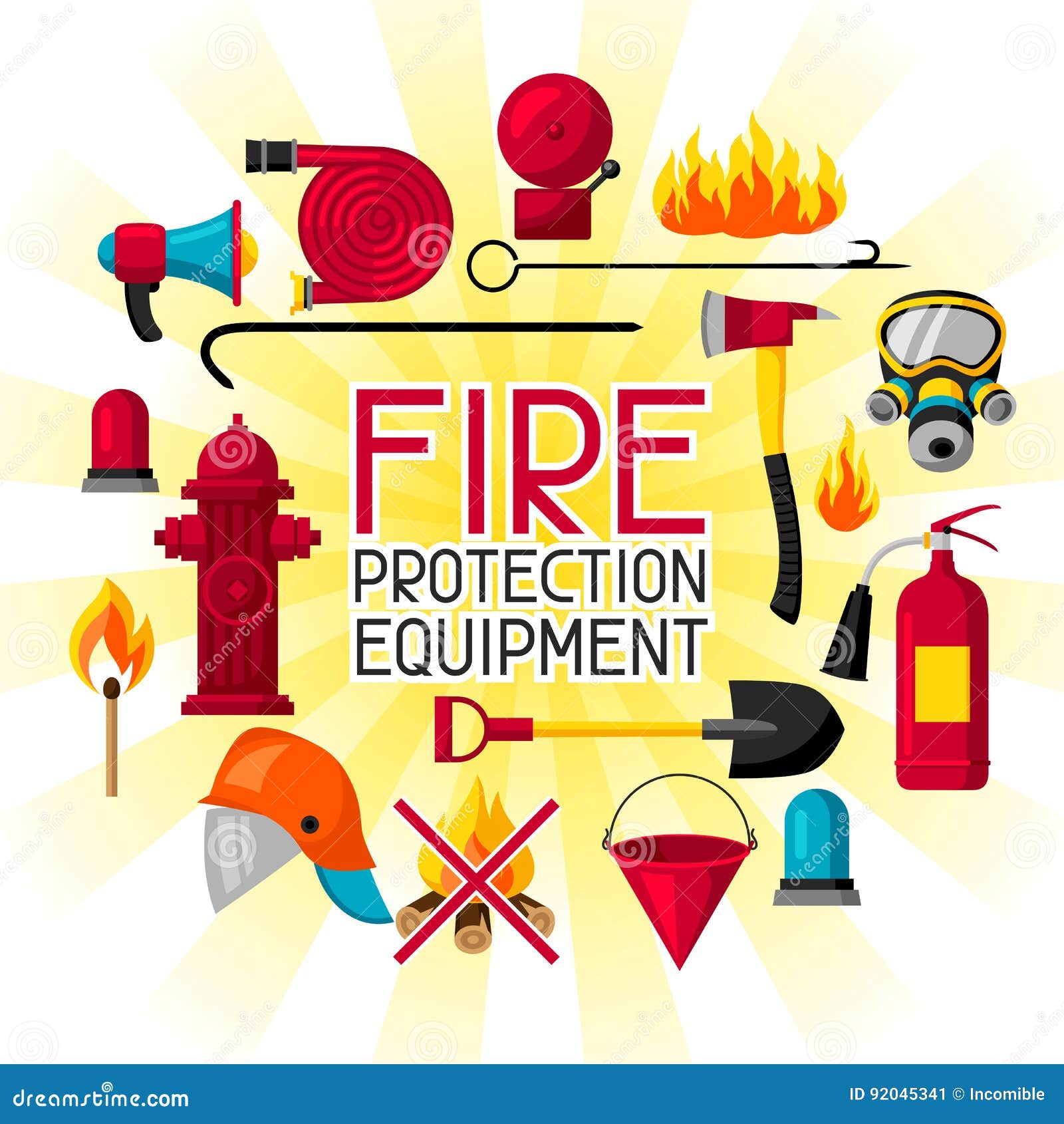 Set Of Firefighting Items. Fire Protection Equipment Cartoon Vector ...