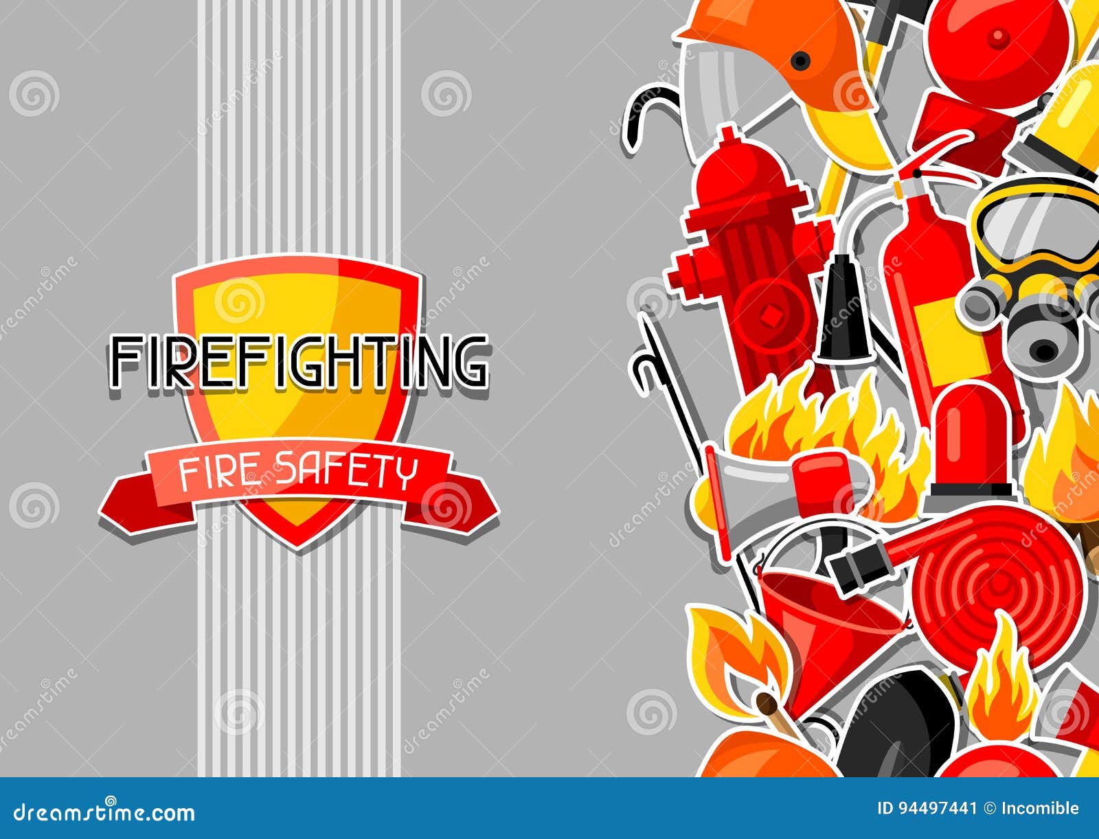 Background with Firefighting Sticker Items. Fire Protection Equipment ...