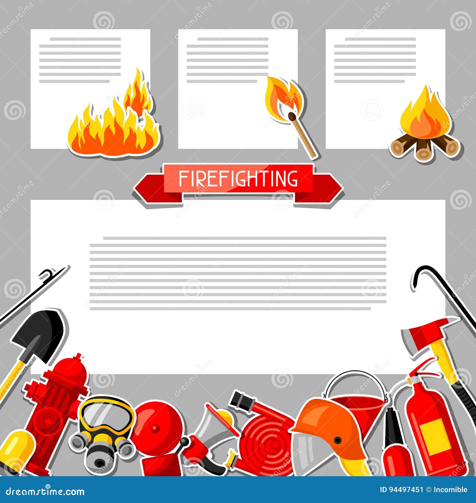 Background with Firefighting Sticker Items. Fire Protection Equipment ...