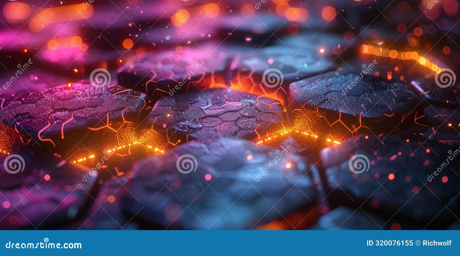 Background with Glowing Hexagonal Lava Tiles and Neon Pattern, Creating ...