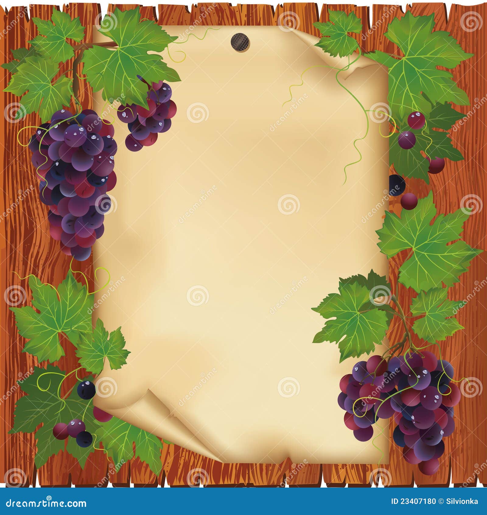 Background with Grape and Paper on Wooden Board Stock Vector ...