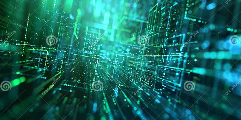 The Background Has a Digital Data Network in Green and Blue Matrix ...