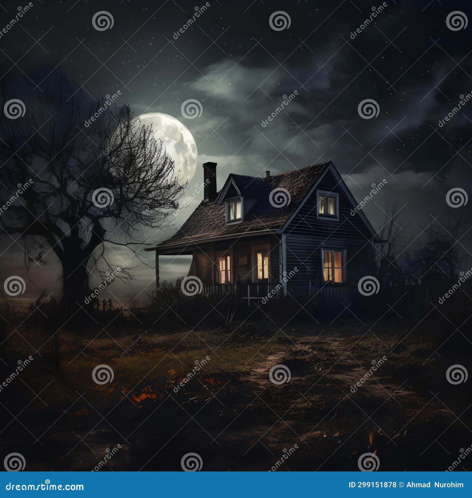 Background of House at Night with Full Moon Stock Illustration ...