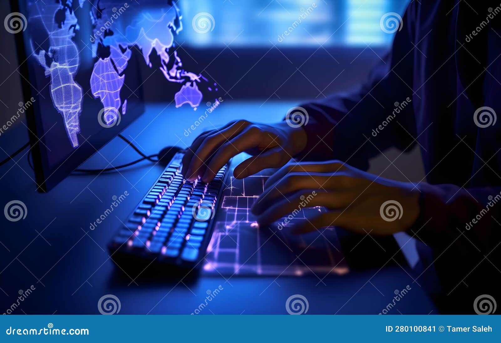 Hand Typing on a Keyboard with World Map in the Background Stock ...