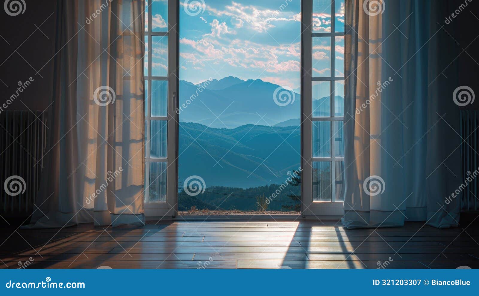 Background Image of Blue Curtained Window with a Mountain and Sky View ...