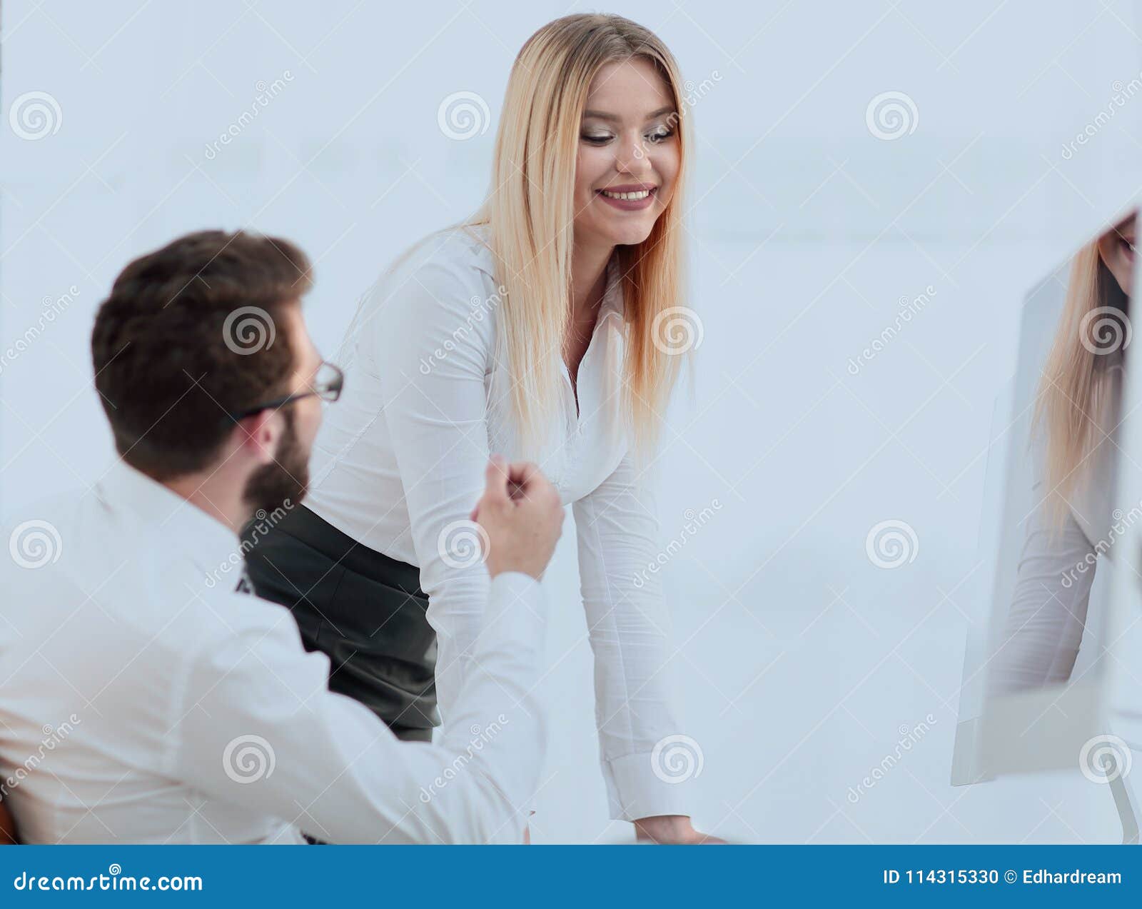 Background Image Colleagues Near the Desktop. Business Background Stock ...