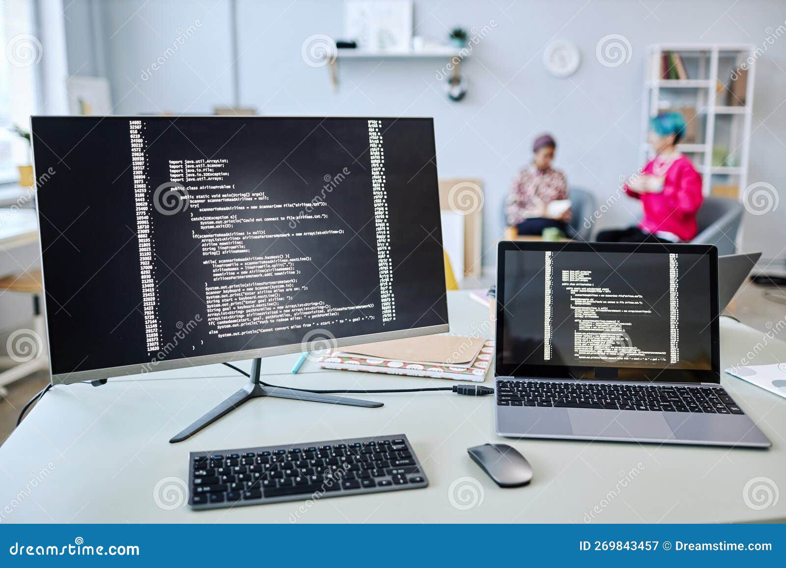 Background Image of Computer Screens with Code Lines on Desk Stock ...