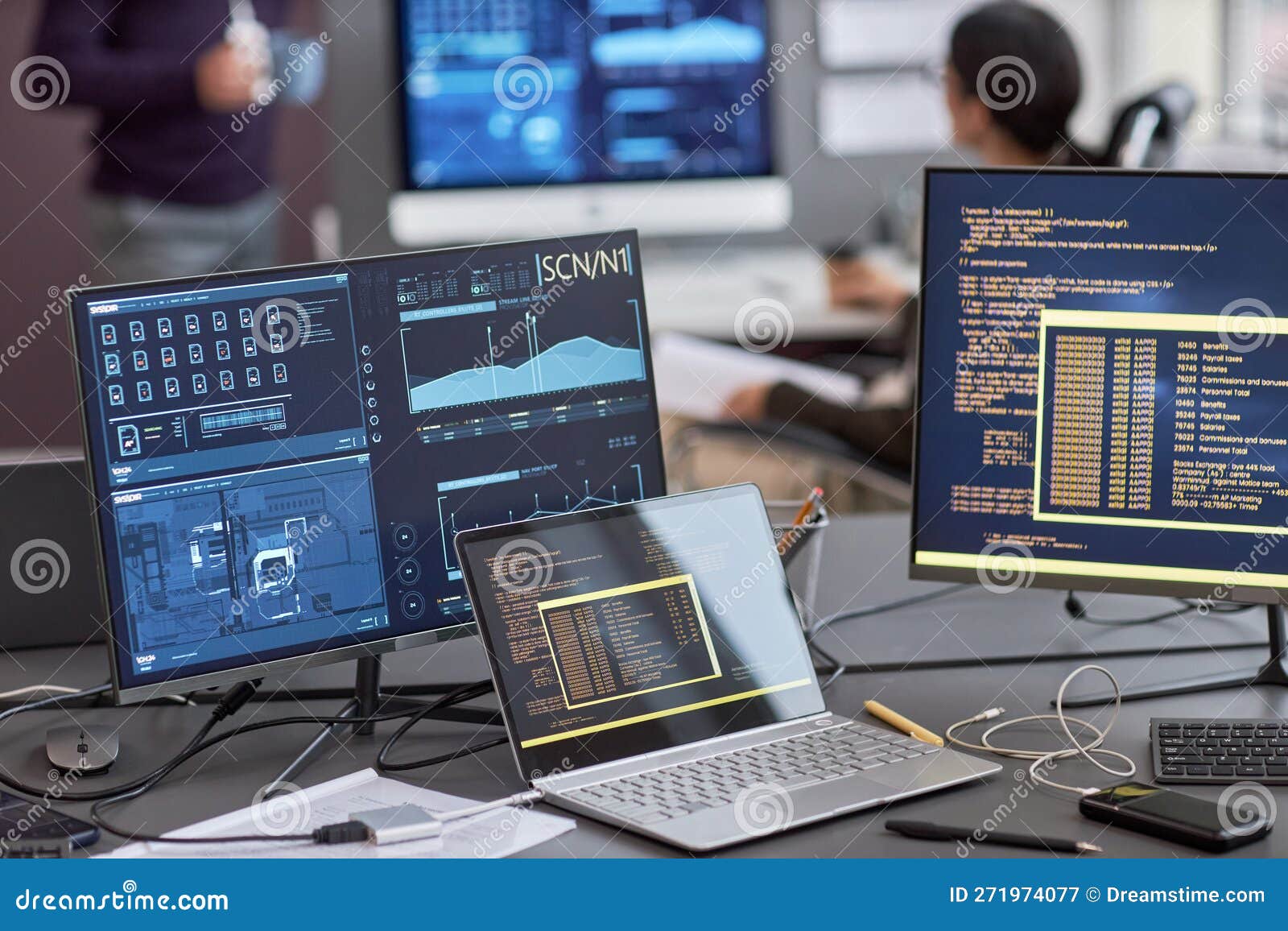 Background Image of Multiple Computer Screens with Data and Code Stock ...