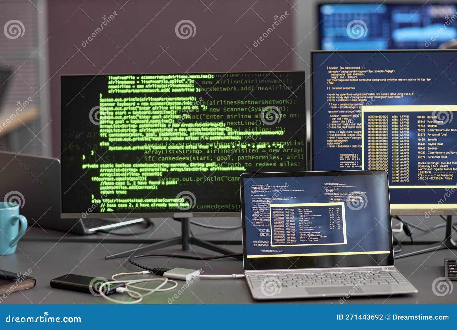 Background Image of Multiple Computer Screens with Green Code Lines at ...