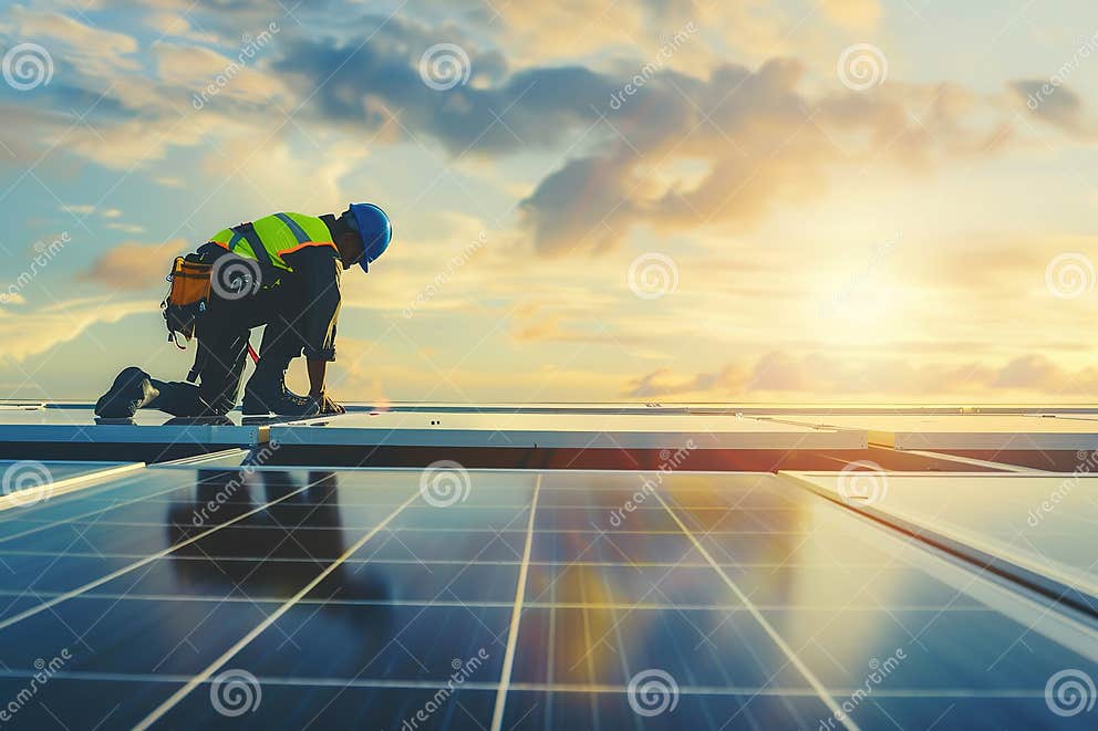 Background Image of an Operator Working on Installing Solar Panels on a ...