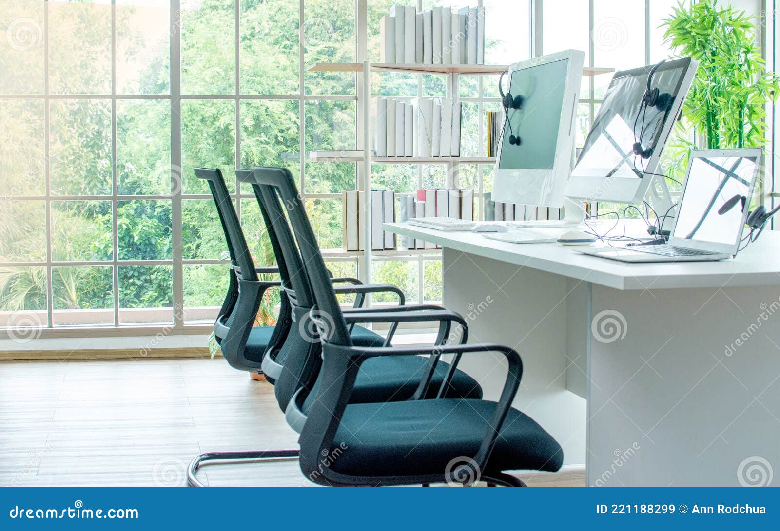 Background of Interior Modern Office Consist of Table and Book Shelves ...