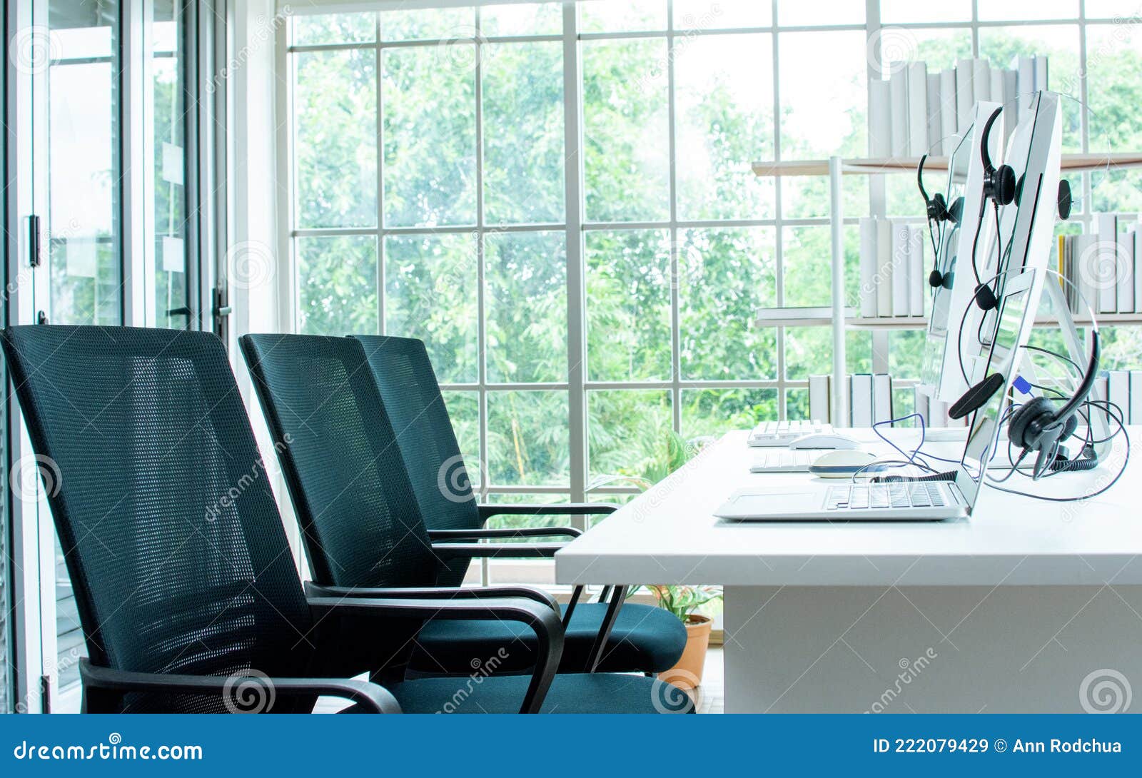 Background of Interior Modern Office Consist of Table and Book Shelves ...