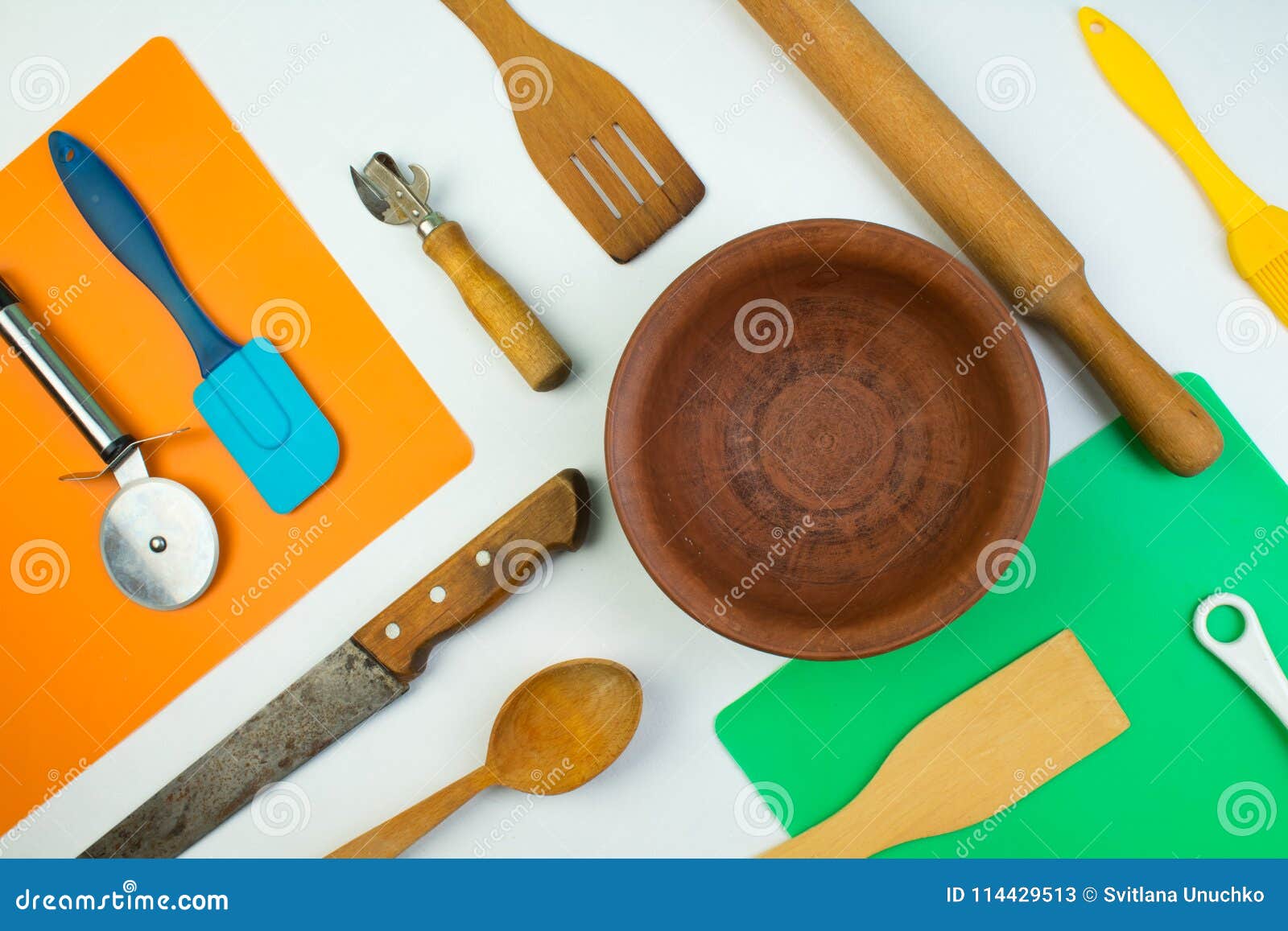 Background of Kitchen Utensils on White Wooden Kitchen Table. Tools ...