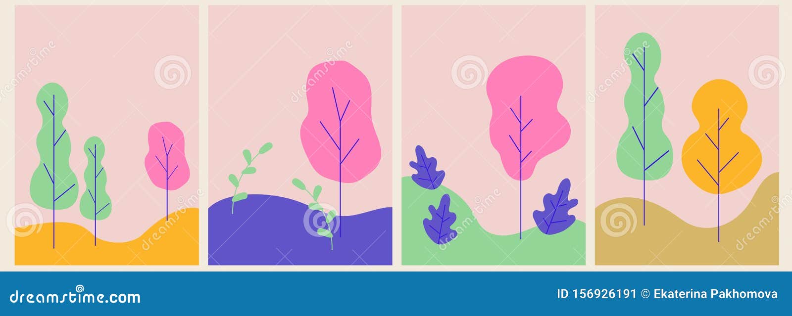 Landscape Cards with Trees in Minimalism, Flat Style, Backgrounds ...