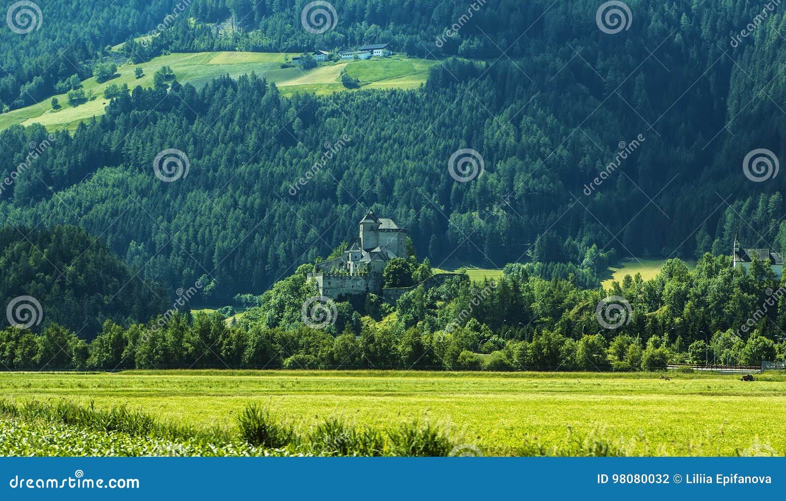 Background Landscape View of AAncient Castle among the Fields in Tyrol ...