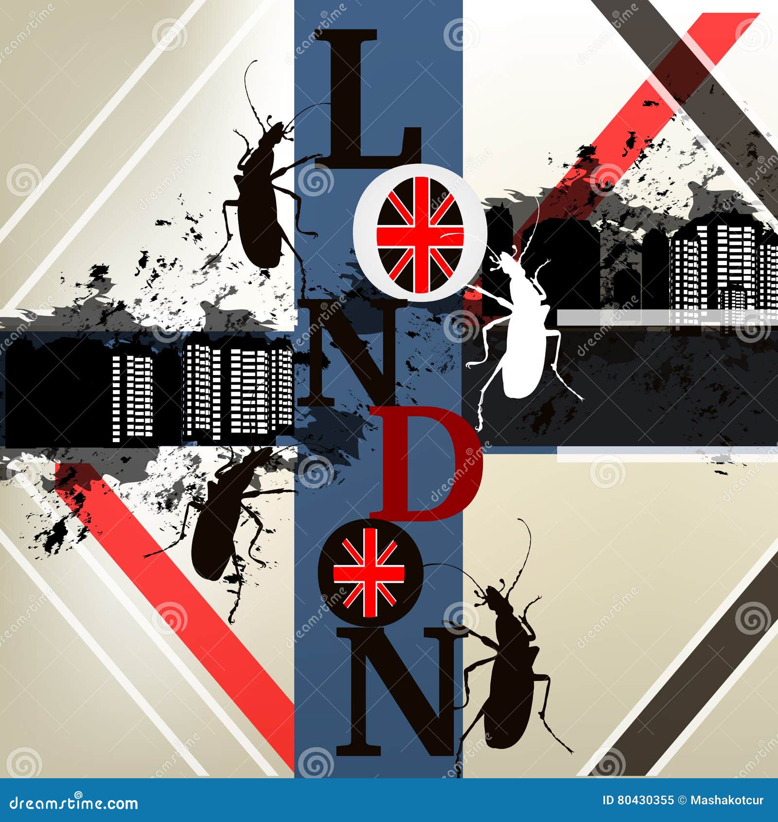 Background With London Word, Beetles And English Flag Cartoon Vector ...