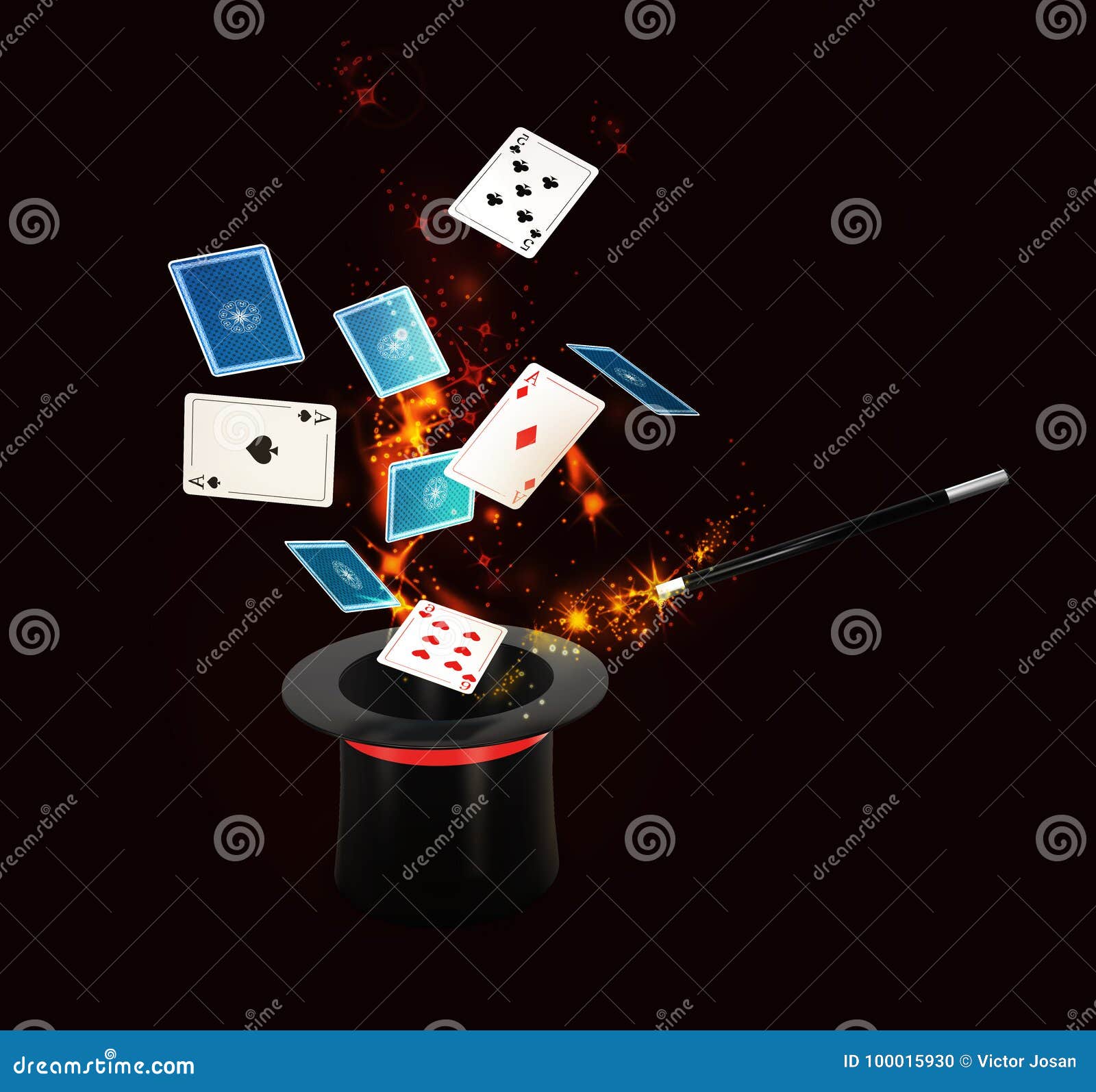 Background Magic Hat with Shine and Flying Play Cards. Isolated Black ...
