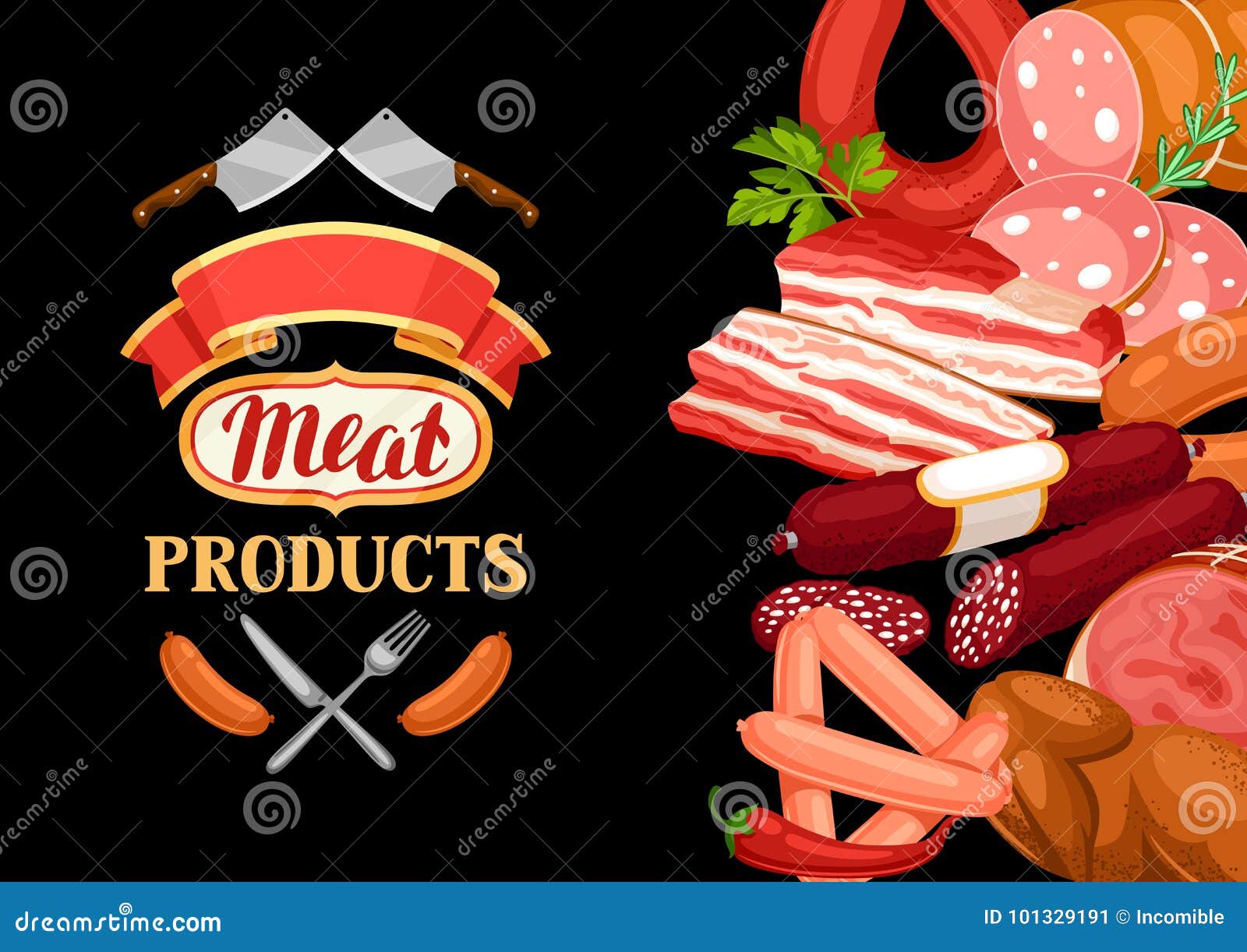 Background with Meat Products. Illustration of Sausages, Bacon and Ham ...