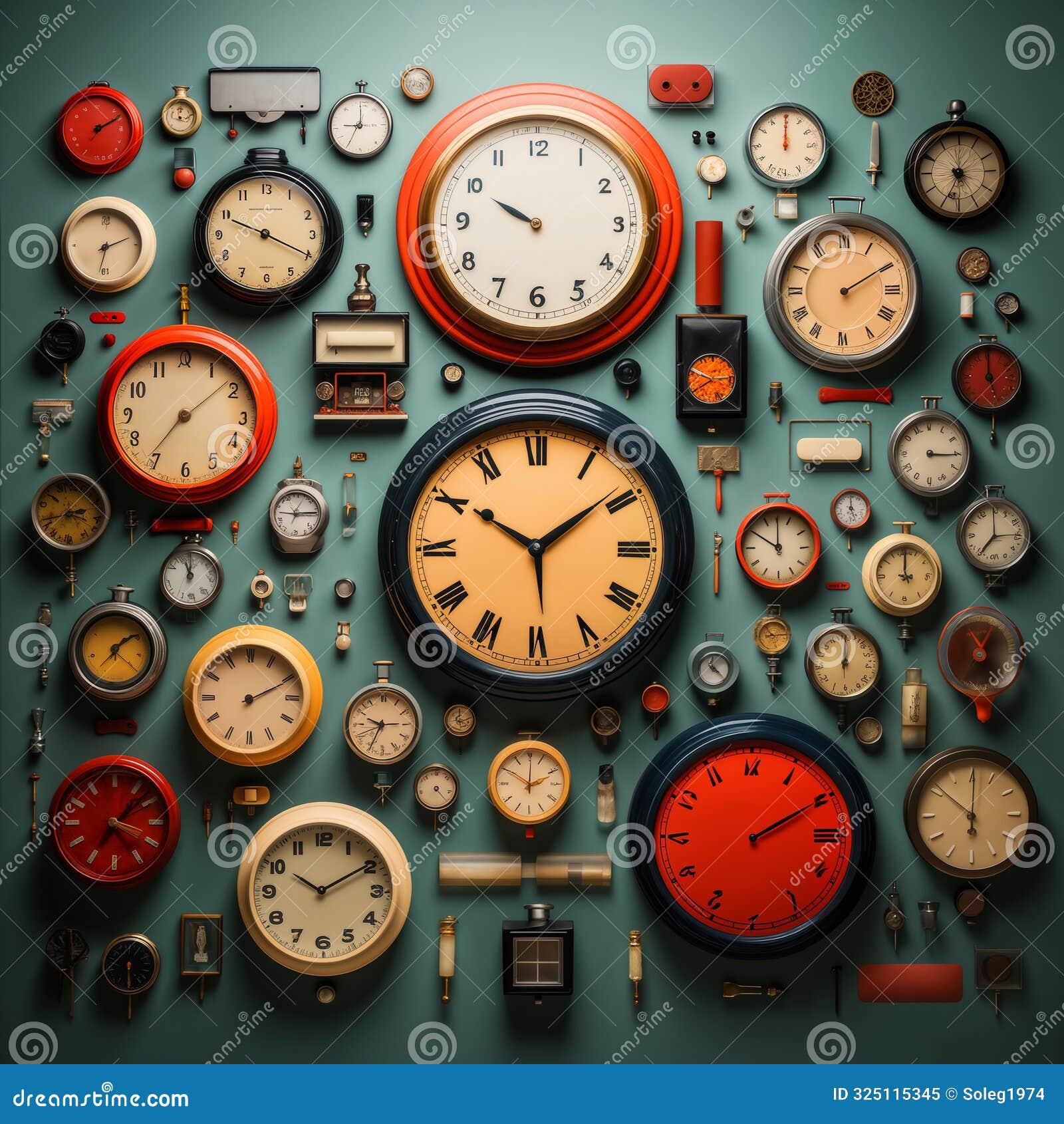 Background of Mechanical Alarm Clocks, Clock Faces, a Set of Dials with ...