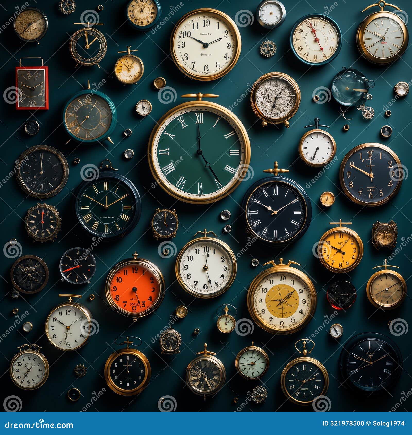 A Background Of Mechanical Alarm Clocks, A Set Of Dials With Arrows Of ...
