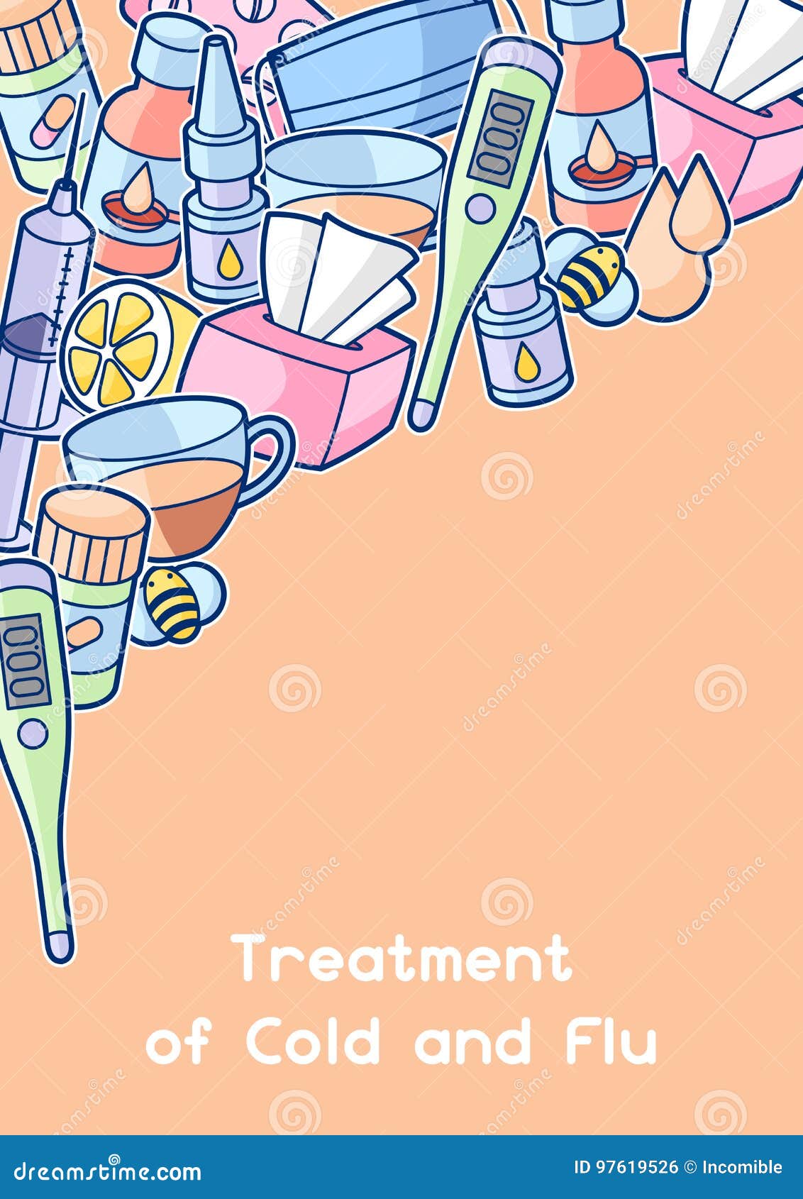 Background with Medicines and Medical Objects. Treatment of Cold and ...