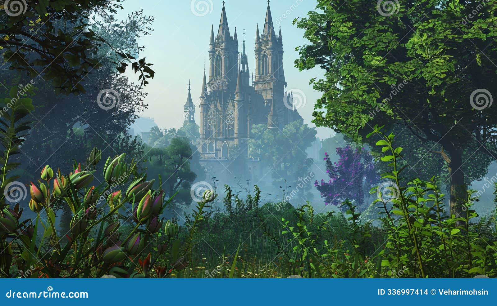 In The Background Is A Medieval, Gothic Castle, Trees Royalty-Free ...
