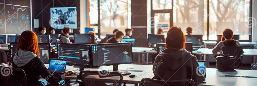 Background of a Modern Computer Laboratory Where Students Work on ...