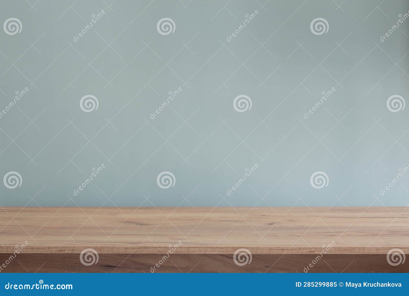 Background with Modern Wooden Table and Blue Wall Stock Image - Image ...