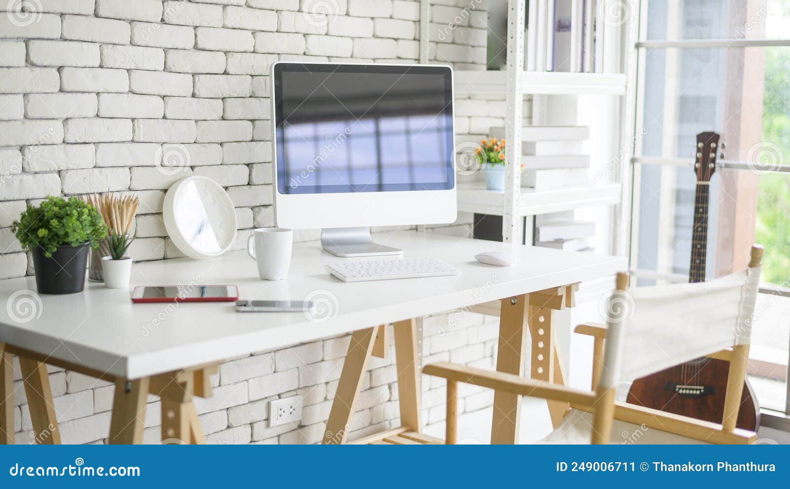 Background of Modern Workplace Home Office Stock Image - Image of clean ...