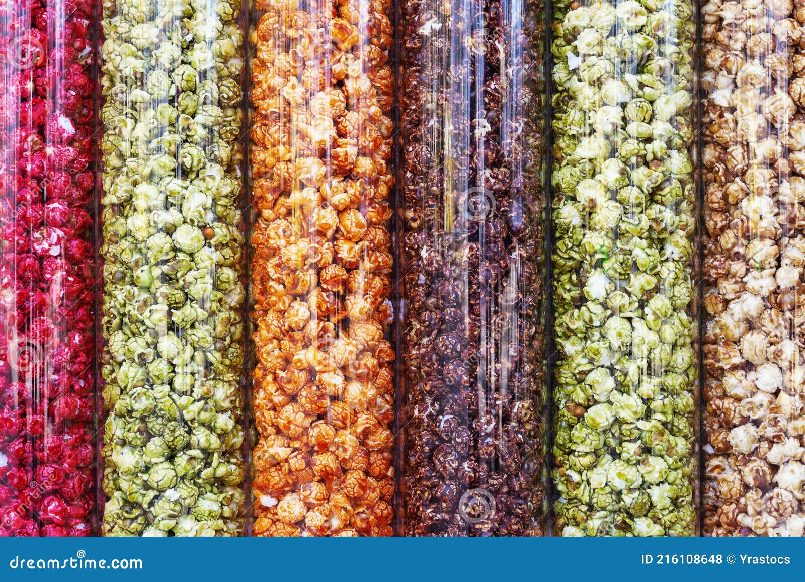 Background of Multi-colored Popcorn. Red, Yellow Green, Orange Popcorn ...