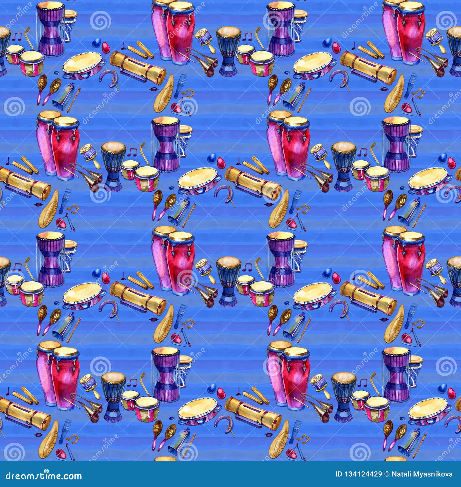 Background Musical Percussion Instruments. Seamless Pattern. Watercolor ...