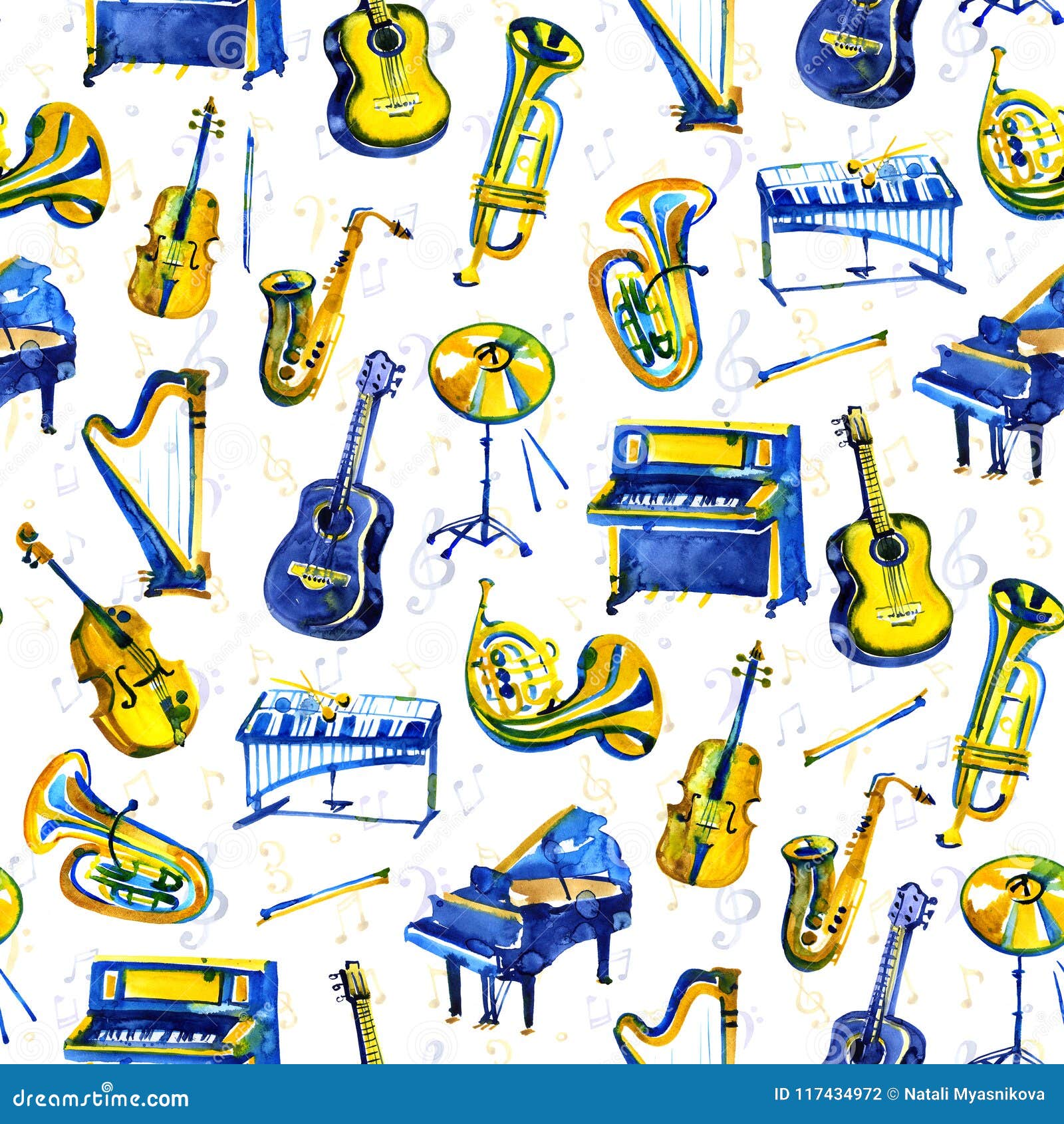 Background Musical Instruments. Seamless Pattern. Watercolor ...