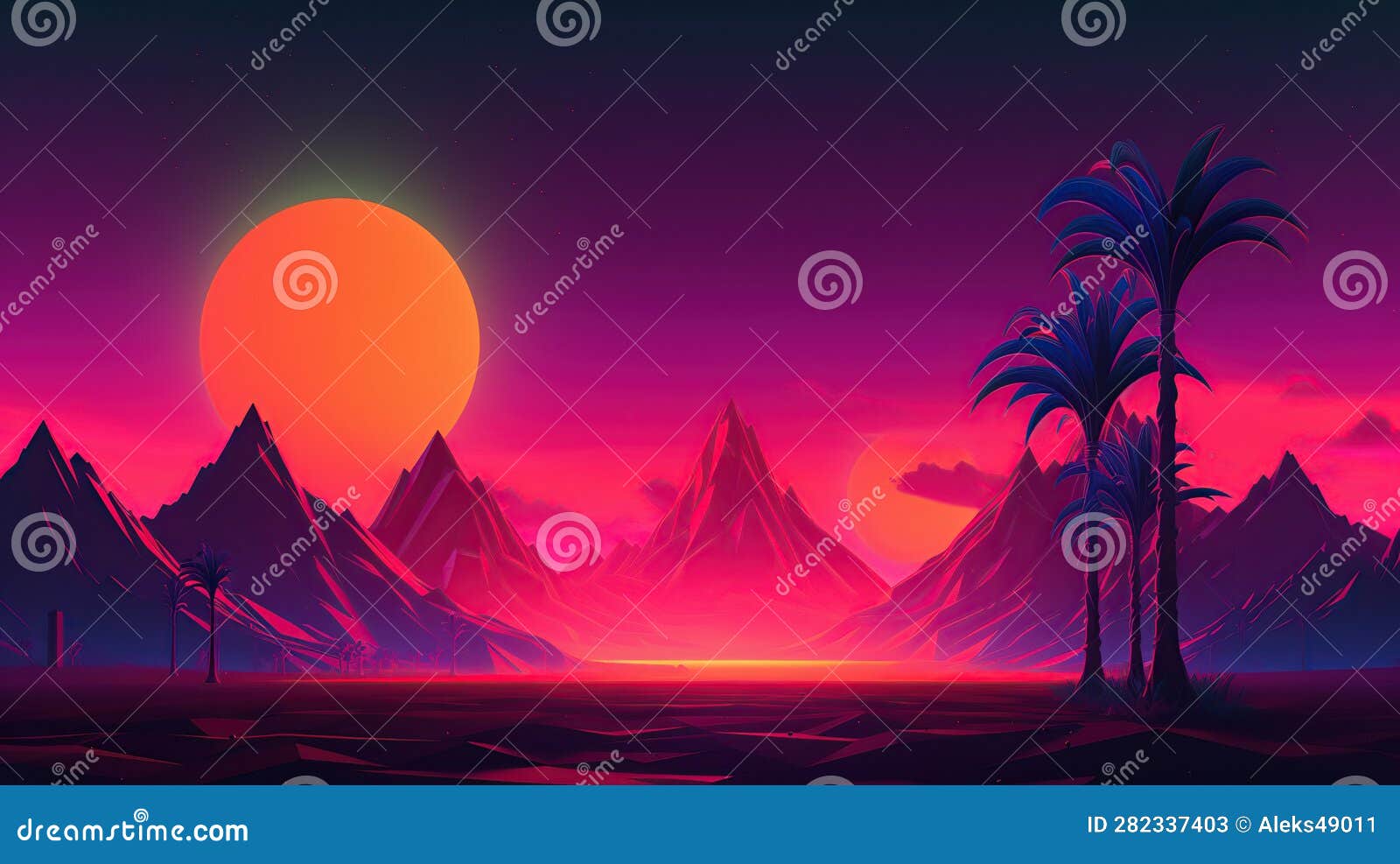 Background with Neon Landscape Mountains and Palm Trees.Nostalgia for ...
