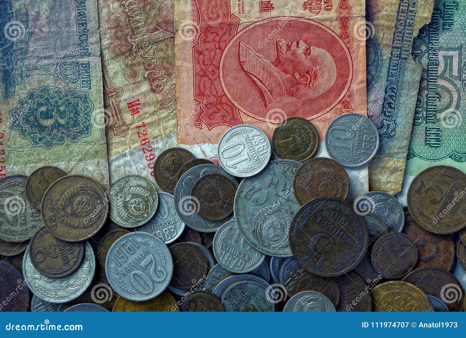 Texture of Old Paper Banknotes and Small Soviet Coins Stock Image ...