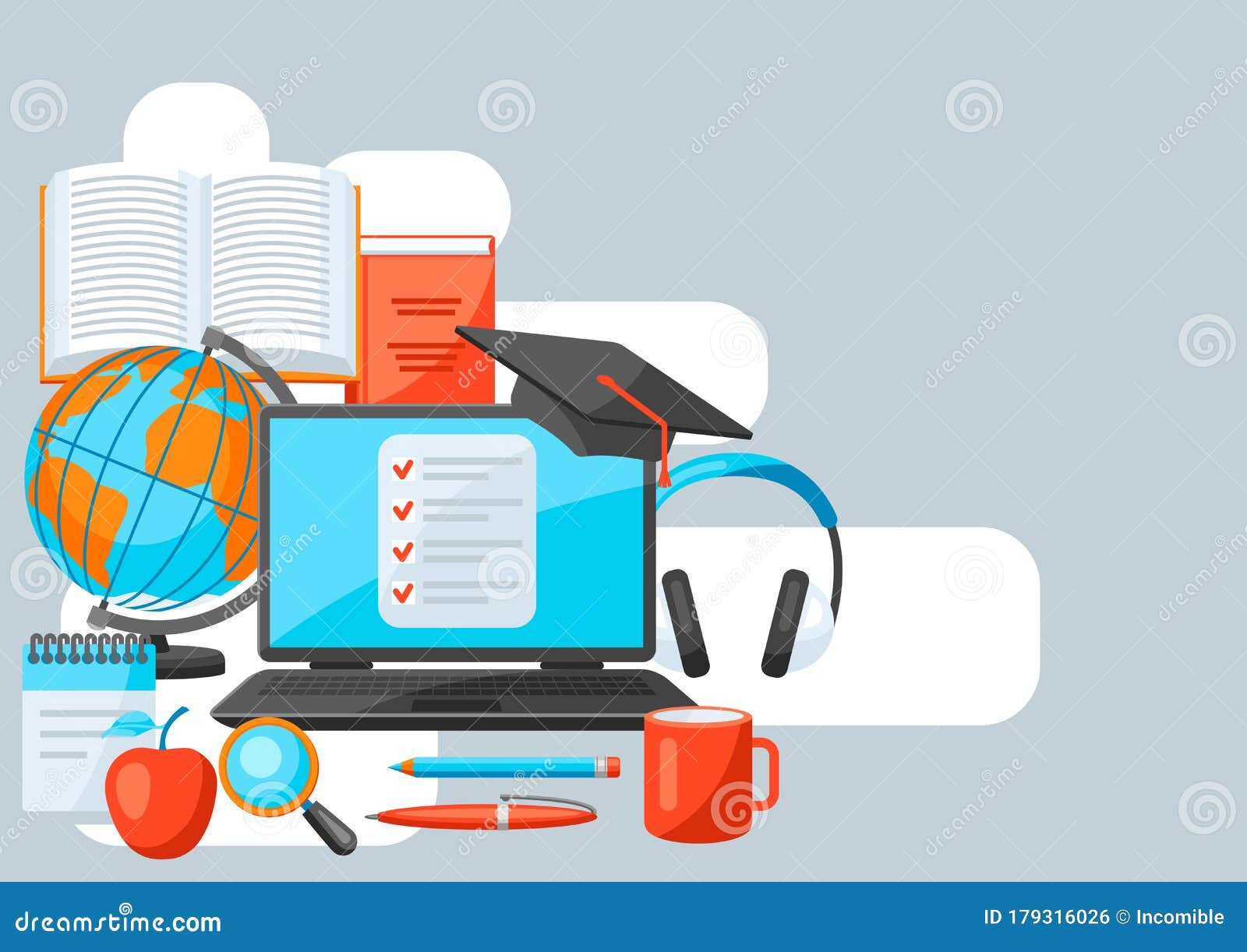 Background with Online Studying at Home Items. Distance Education Stock ...