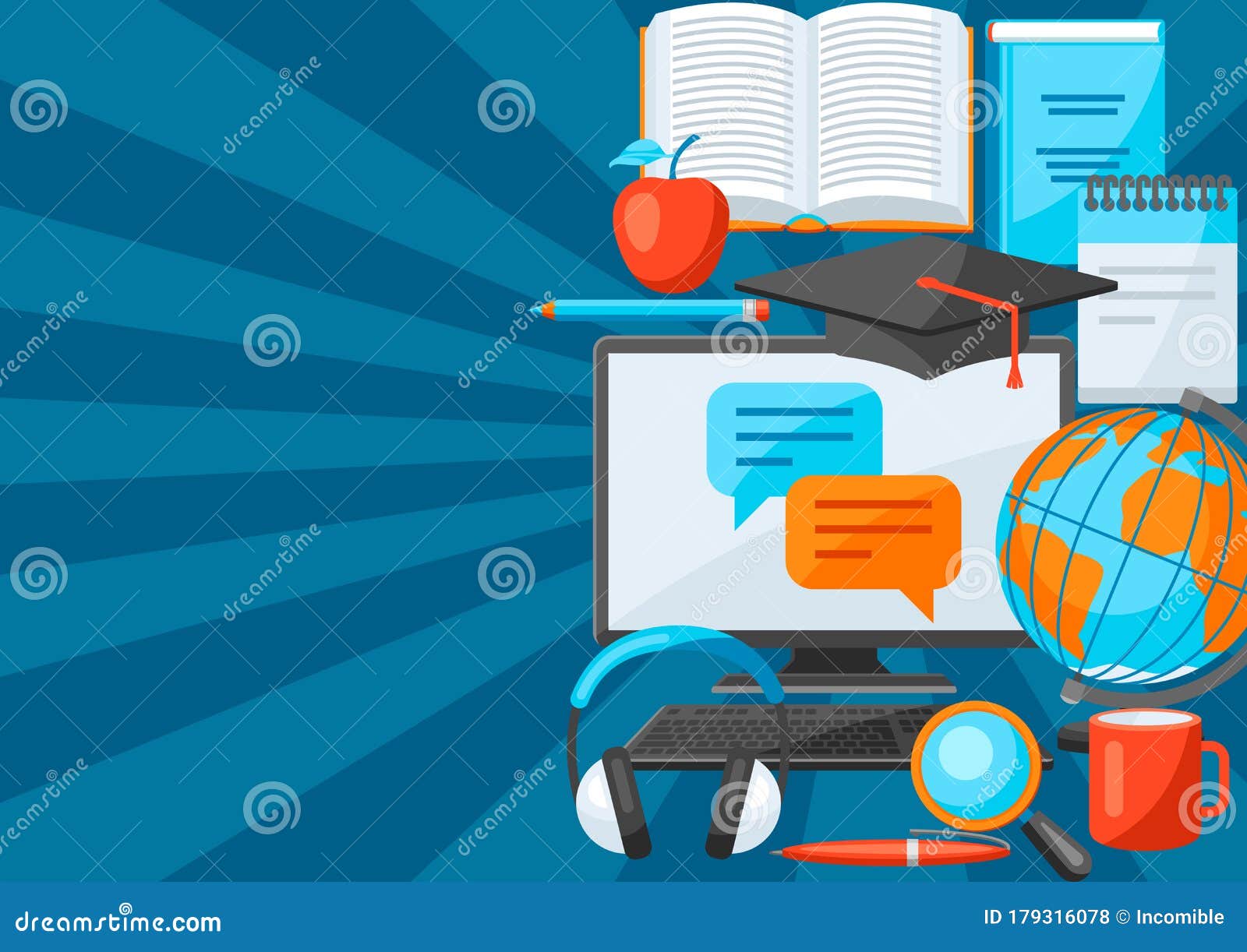 Background with Online Studying at Home Items. Distance Education Stock ...